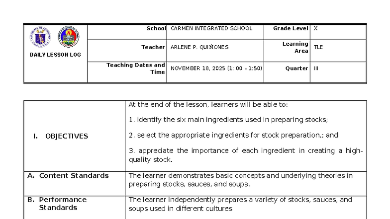 TLE 10 DLP - Daily Lesson Plan on Preparing Stocks and Ingredients ...