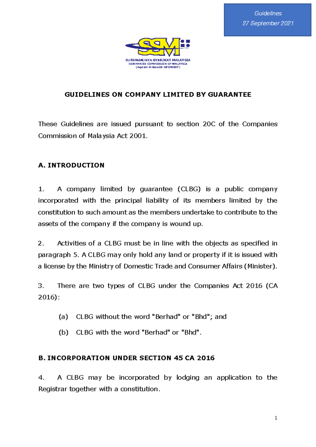 Guidelines on Company Limited by Guarantee (CLBG) - SSM - Studocu