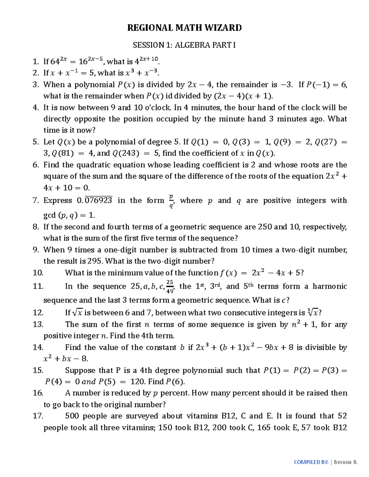 RMW Session 1: Algebra Practice Problems and Solutions - Studocu