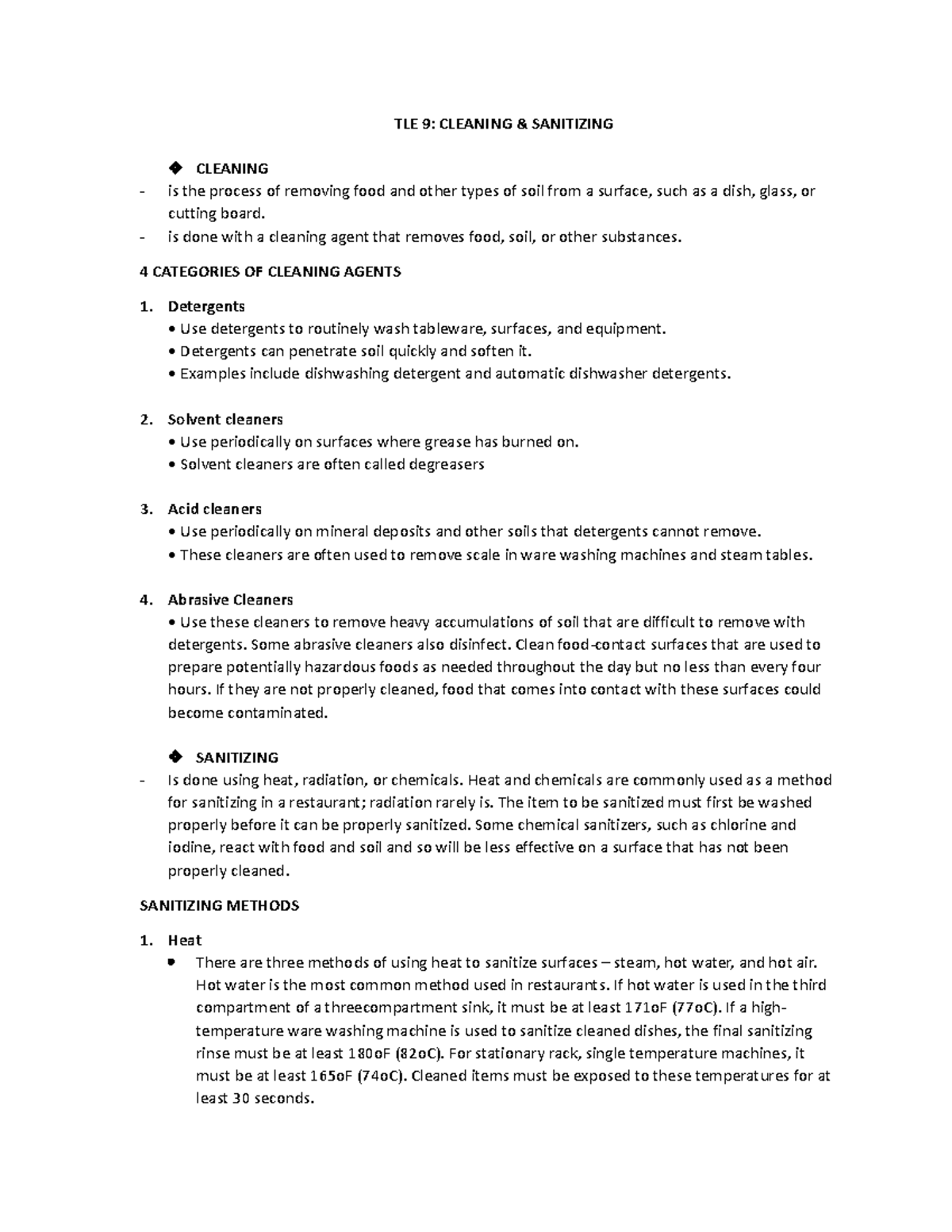 TLE 9: Comprehensive Guide on Cleaning & Sanitizing Techniques - Studocu