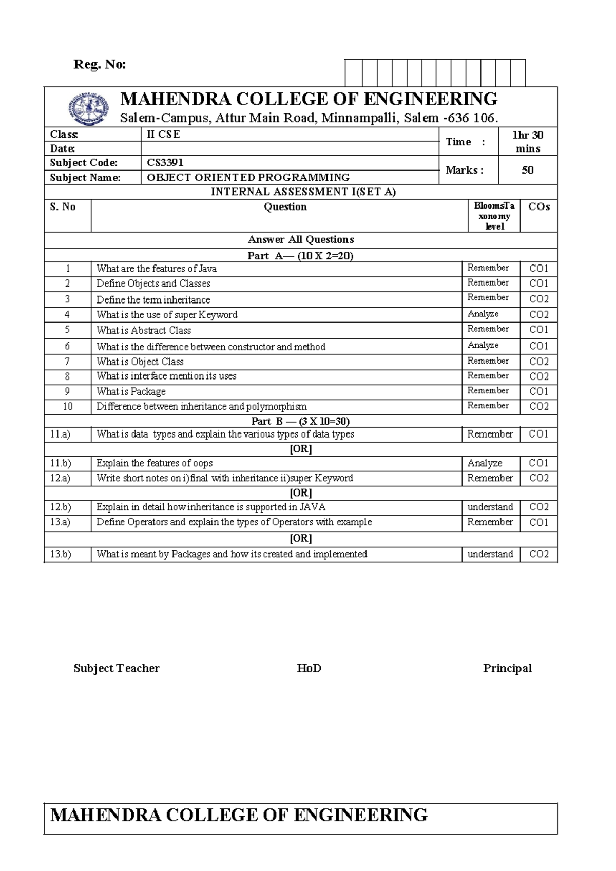 CS3391 OBJECT ORIENTED PROGRAMMING INTERNAL ASSESSMENT I (SET A & B) - Studocu