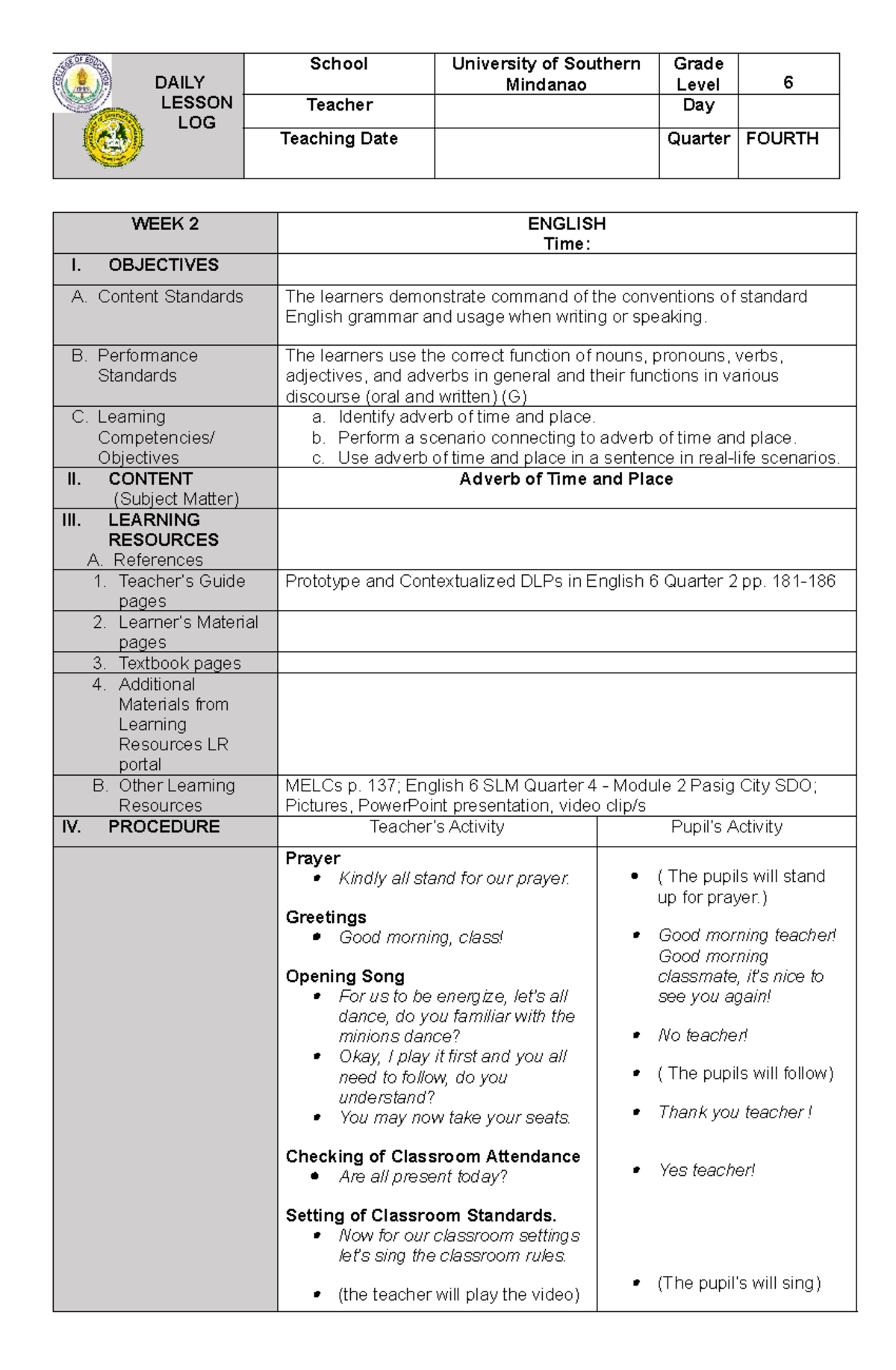 Englishlp final - n/a - DAILY LESSON LOG School University of Southern ...
