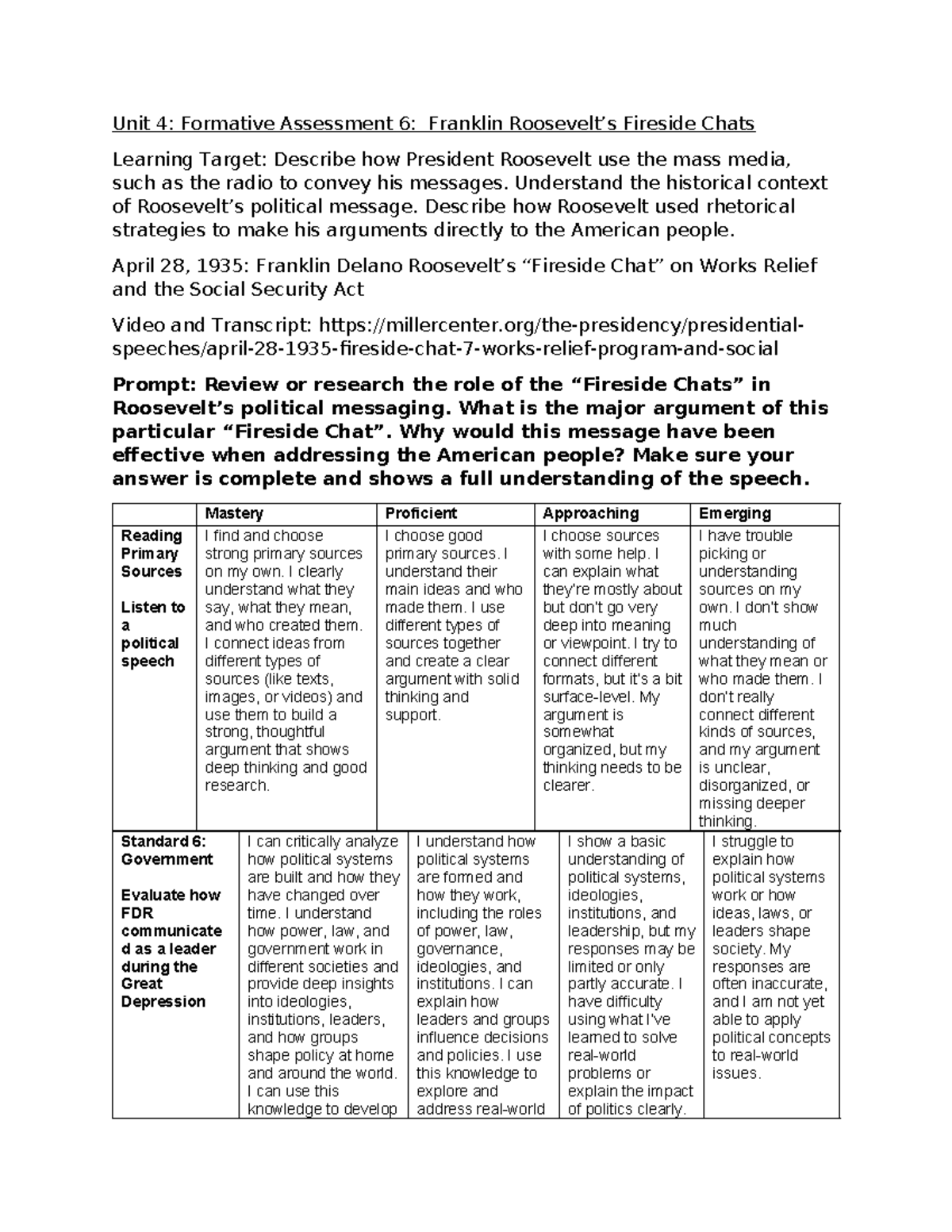 Unit 4: Formative Assessment 6 - FDR's Fireside Chats Analysis - Studocu