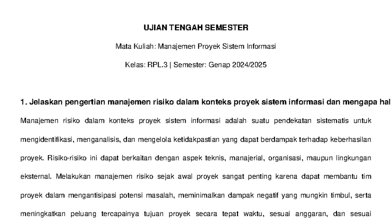 UTS RPL.3: Manajemen Risiko dalam Proyek Sistem Informasi - Studocu