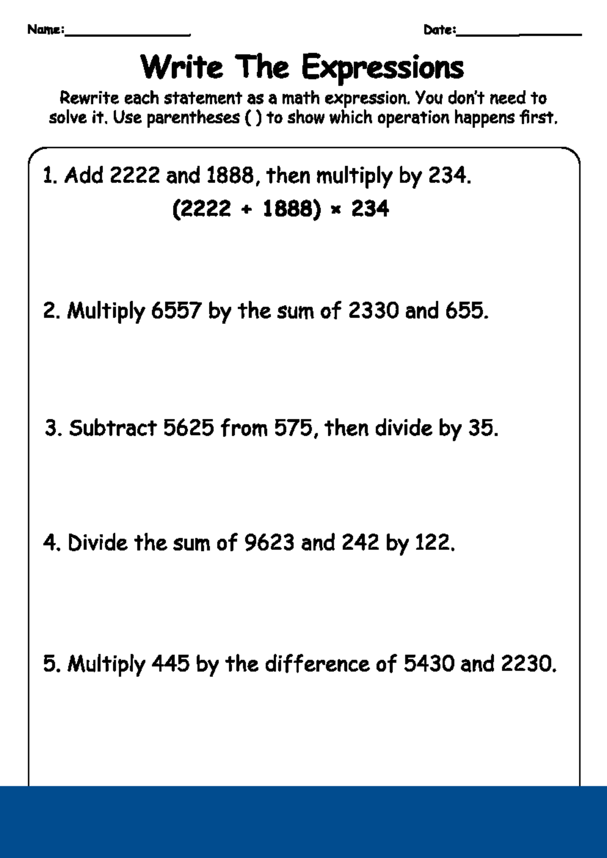 Writing Mathematical Expressions - 5th Grade Worksheet - Name: Date ...