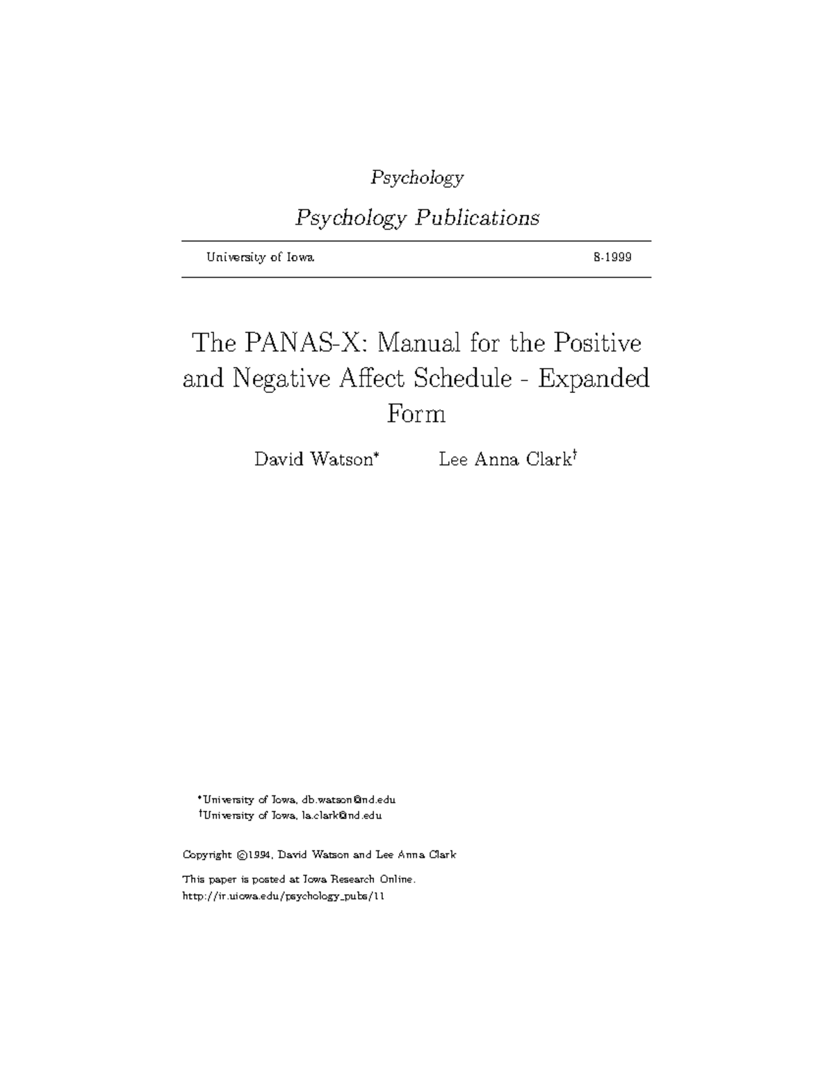 The PANAS-X Manual: Positive and Negative Affect Schedule (Expanded ...