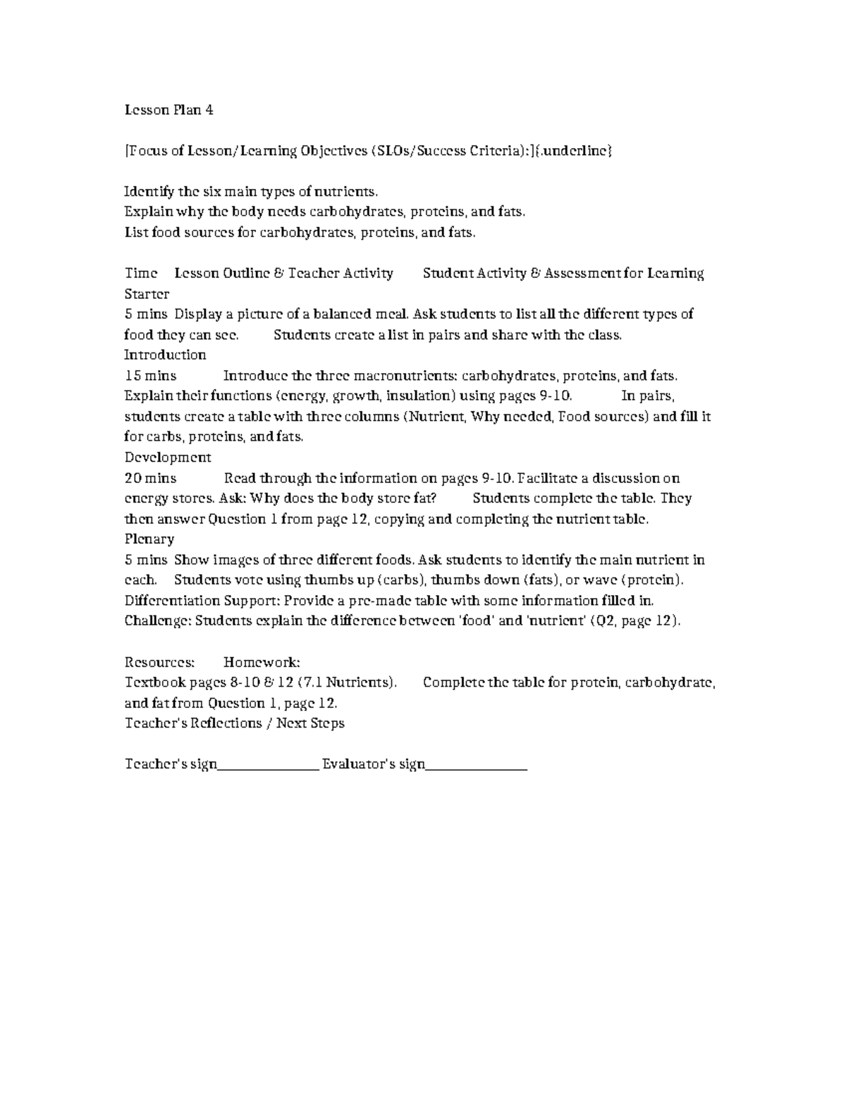 Lesson Plan 4: Understanding Nutrients - Carbs, Proteins, Fats - Studocu