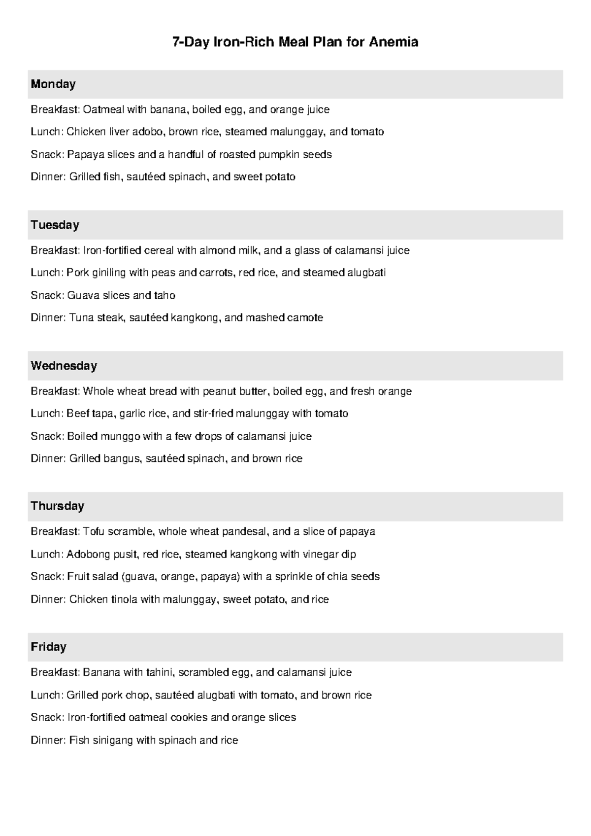 Anemia Meal Plan 7 Days: Nutrient-Rich Menu Ideas - Studocu