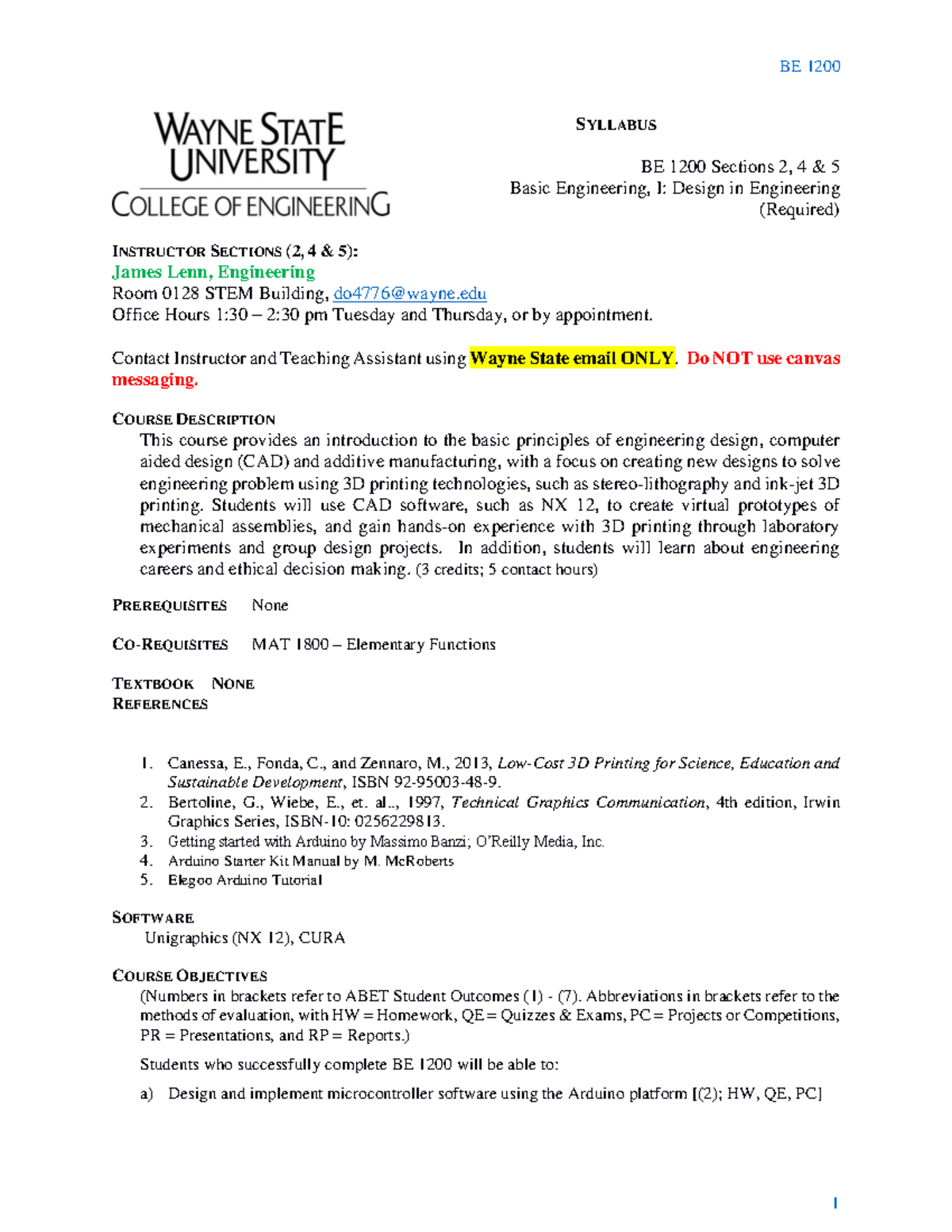 BE1200 Winter Arduino Course Syllabus & Course Outline 2023 - Studocu