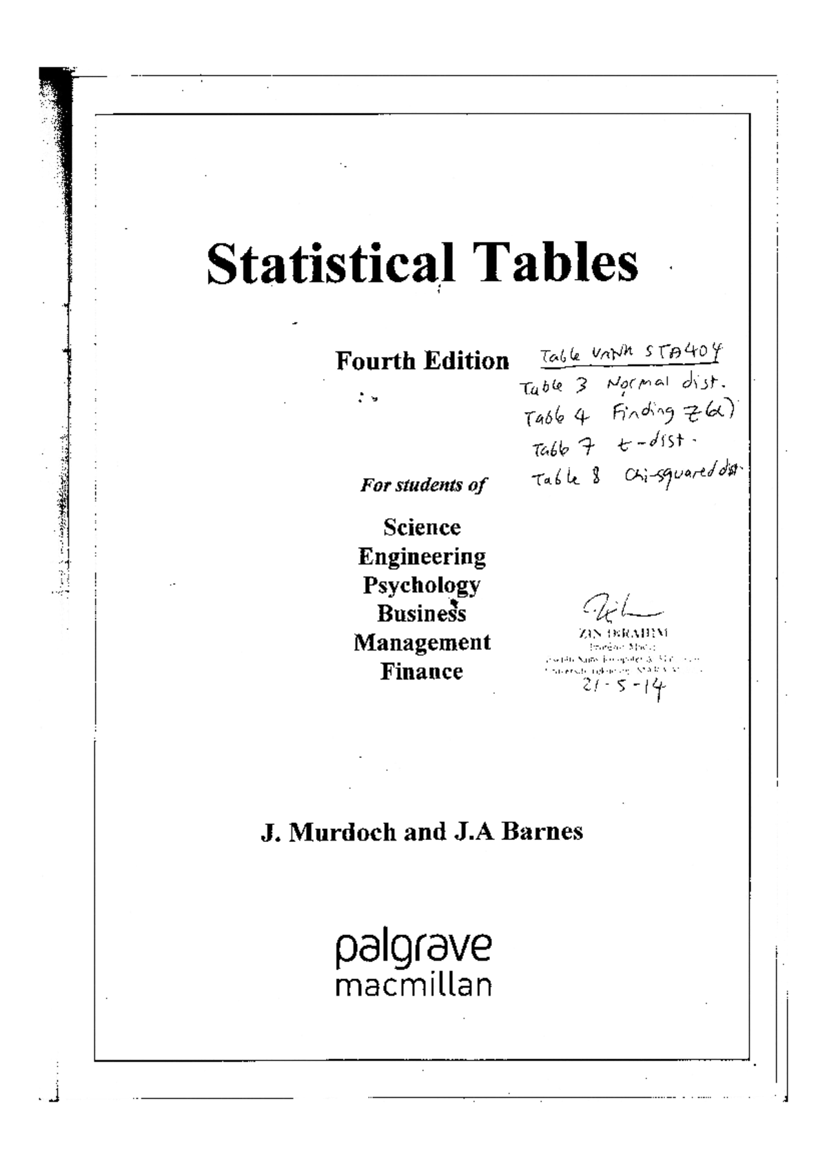 Statistical Tables Murdoch and Barnes - Statistic - UiTM - Studocu