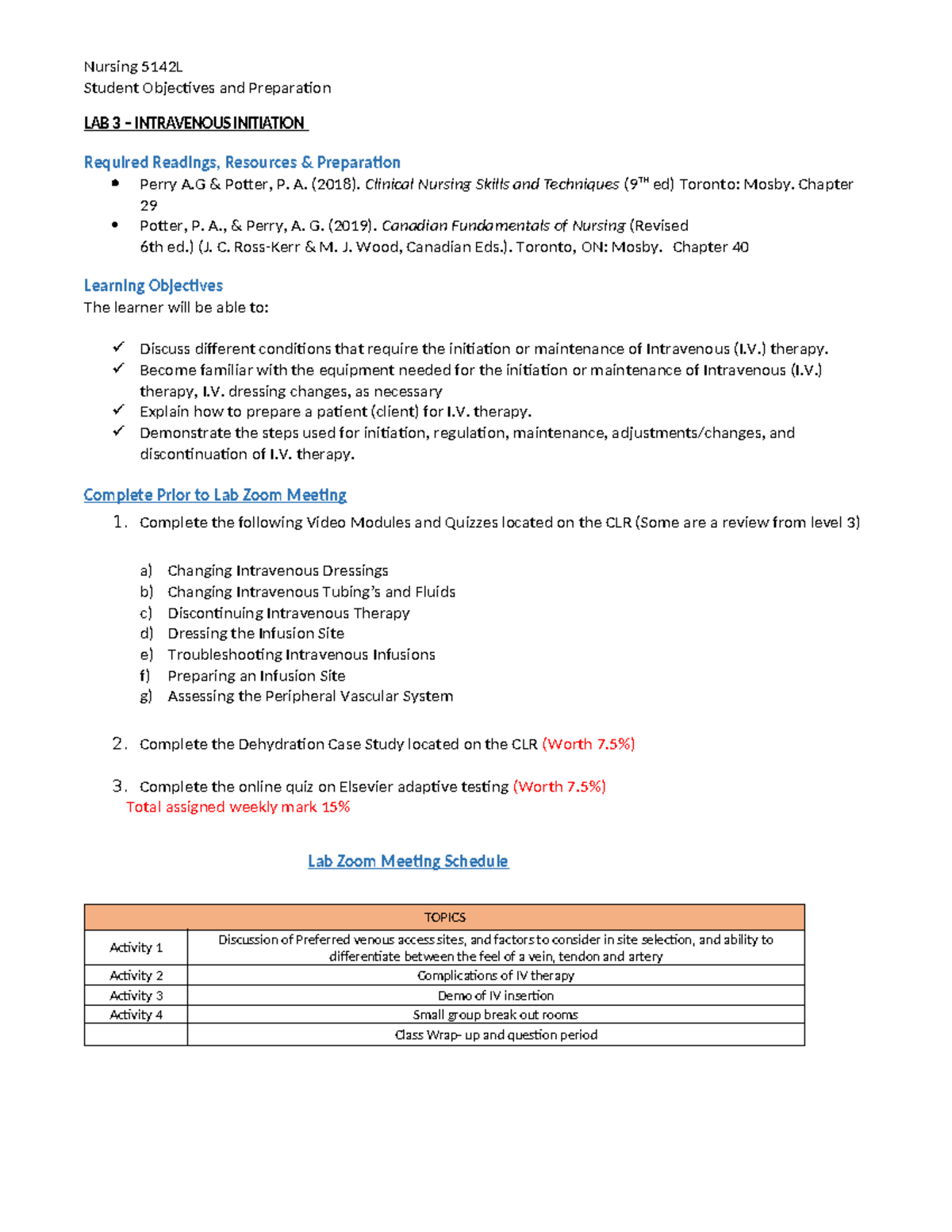 Nursing 5142L Lab 3: IV Initiation Objectives & Prep Guide - Studocu