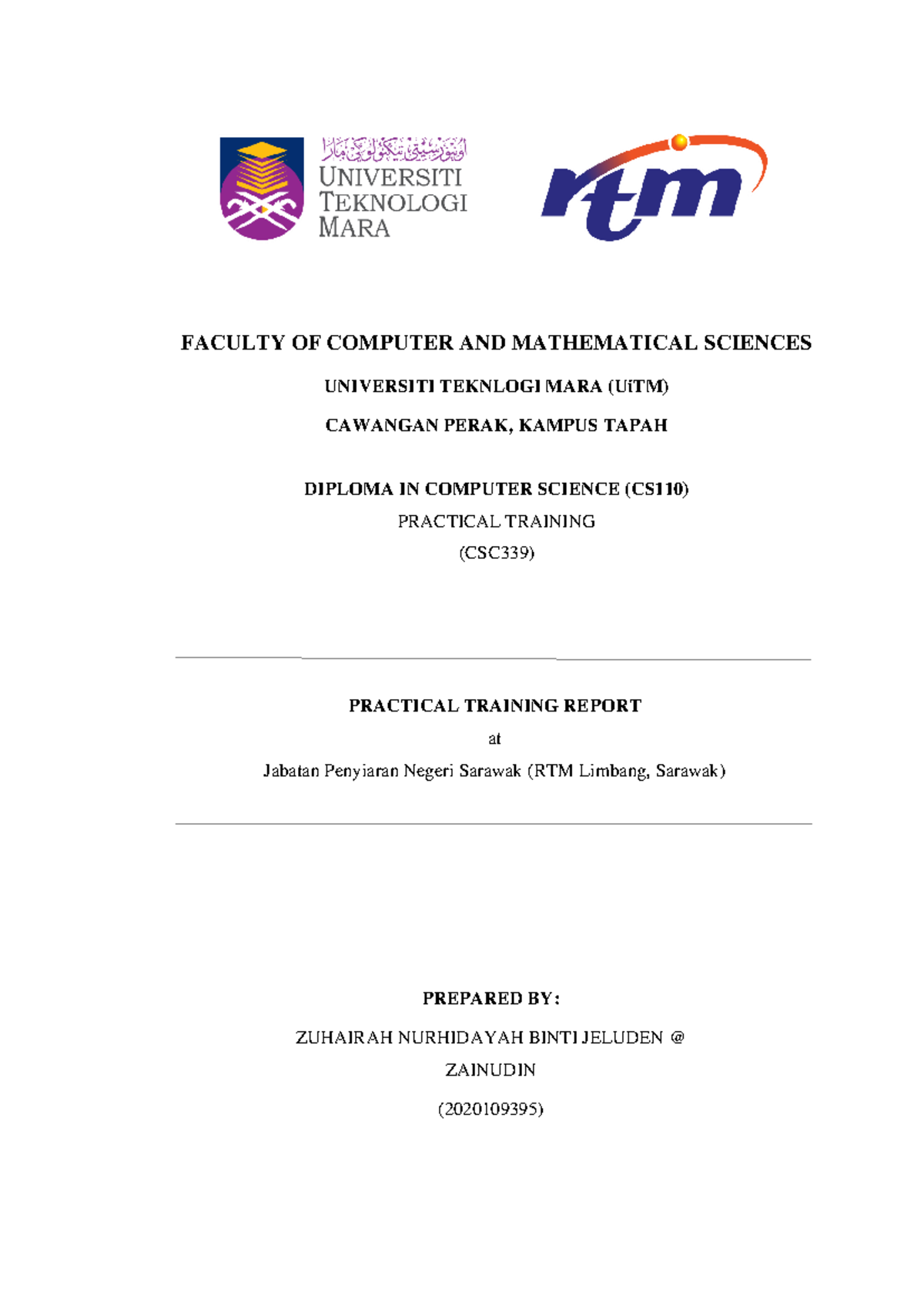 CSC339 Practical Training Report at RTM Limbang, Sarawak - Studocu