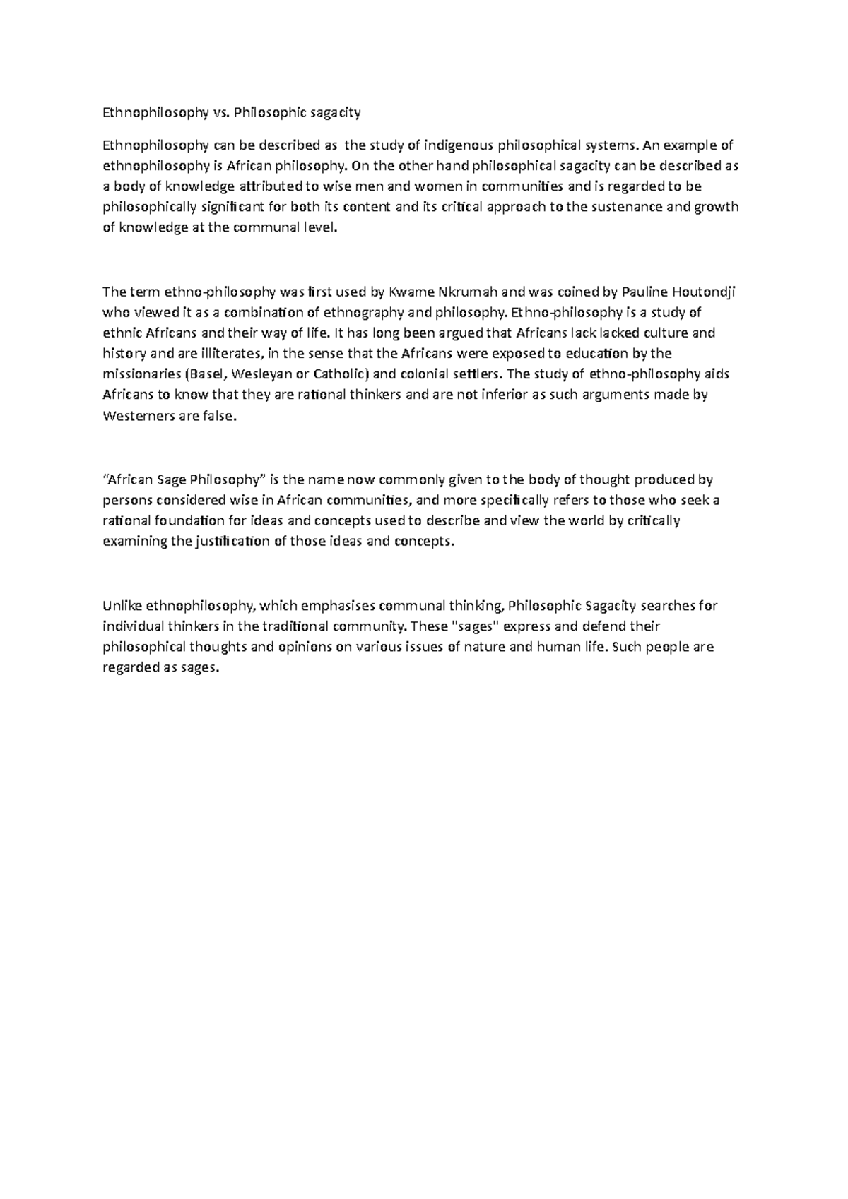 Ethnophilosophy and Philosophic Sagacity: A Comparative Study - Studocu