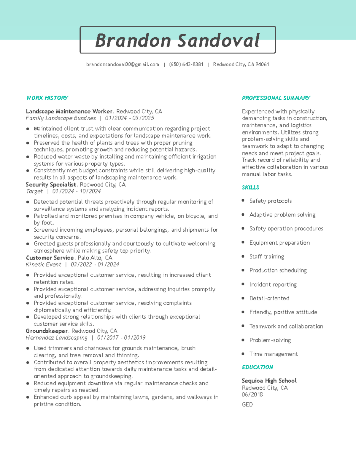 Brandon Sandoval Resume 101: Landscape & Security Experience - Studocu