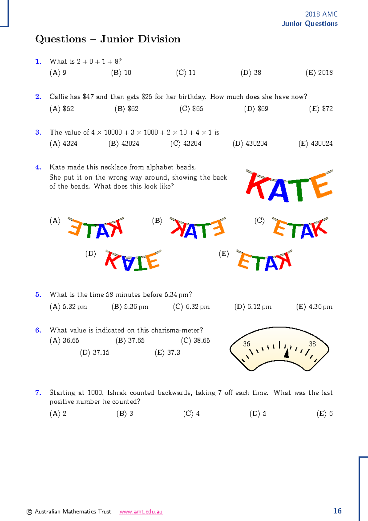 2018 AMC Junior Competition Questions for Years 7 & 8 - Studocu