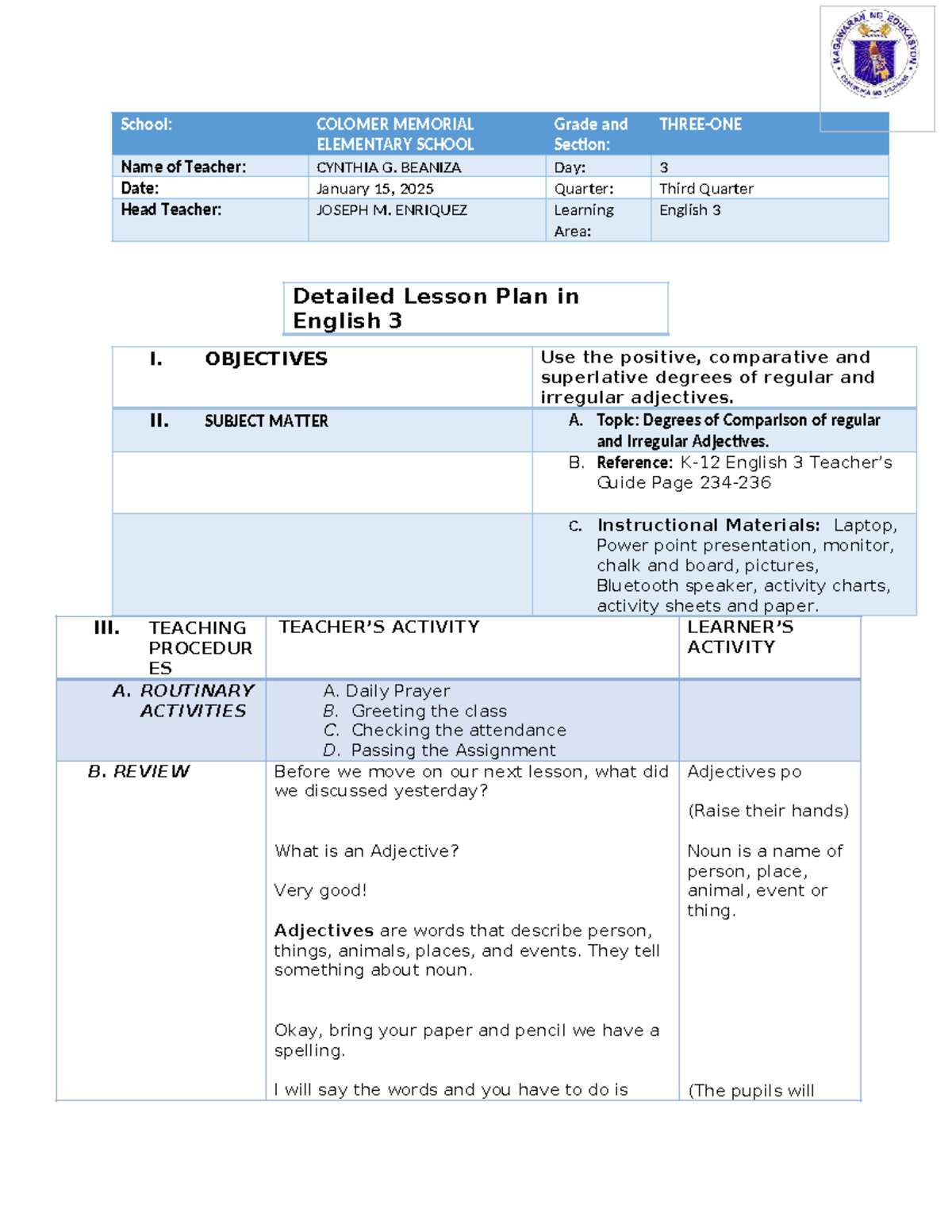 Detailed Lesson Plan: Degrees of Comparison in English 3 DLP - Studocu