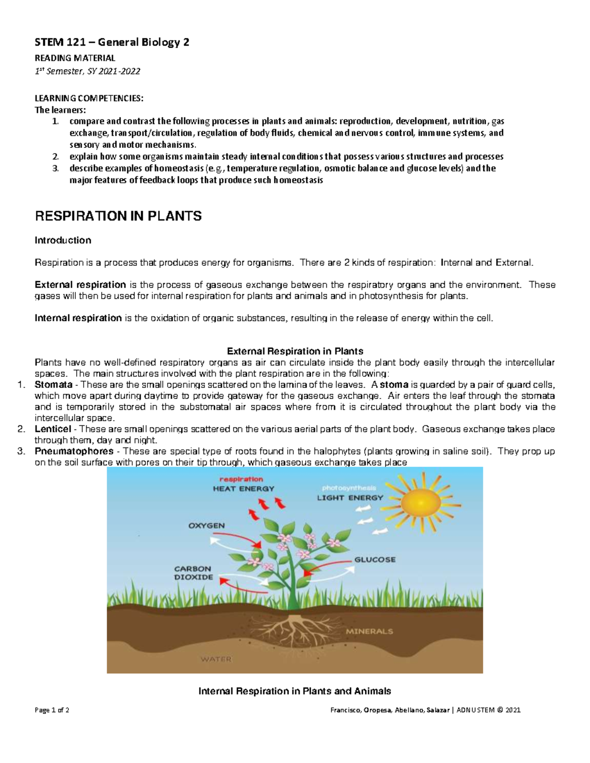 STEM 121 - Reading Material on Plant Respiration Concepts - Studocu