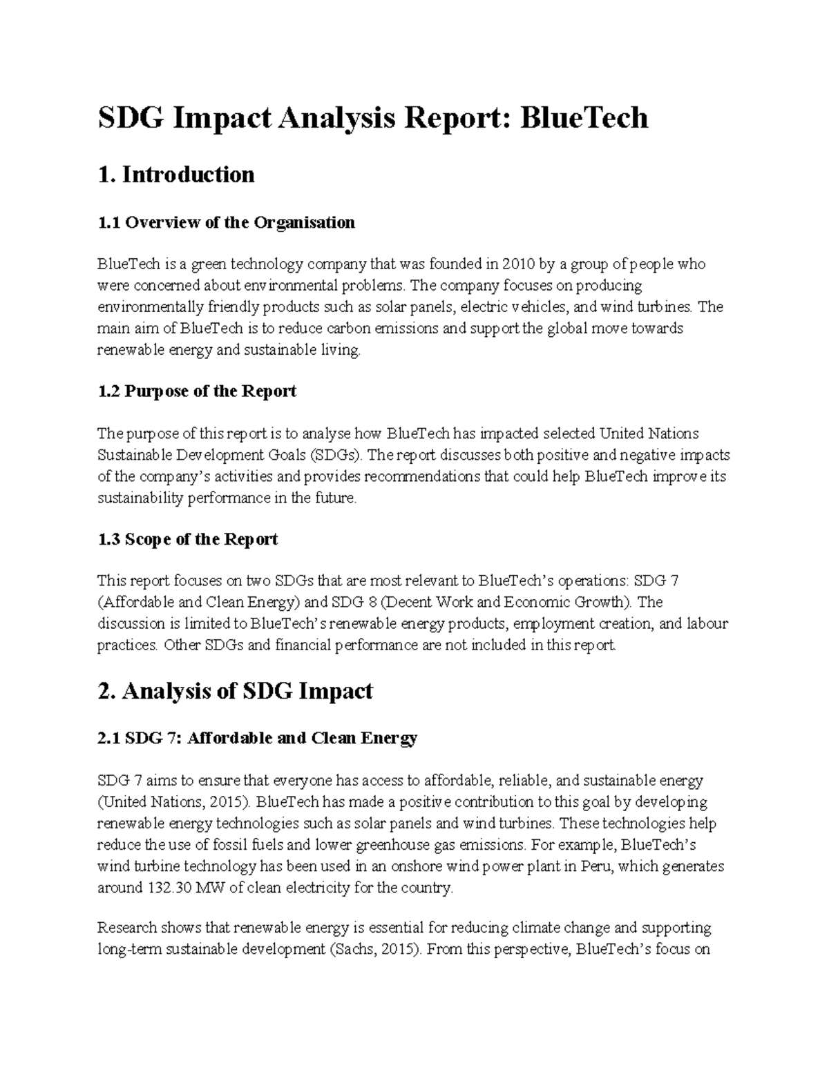 SDG Impact Analysis Report: BlueTech's Contributions to SDG 7 & 8 - Studocu