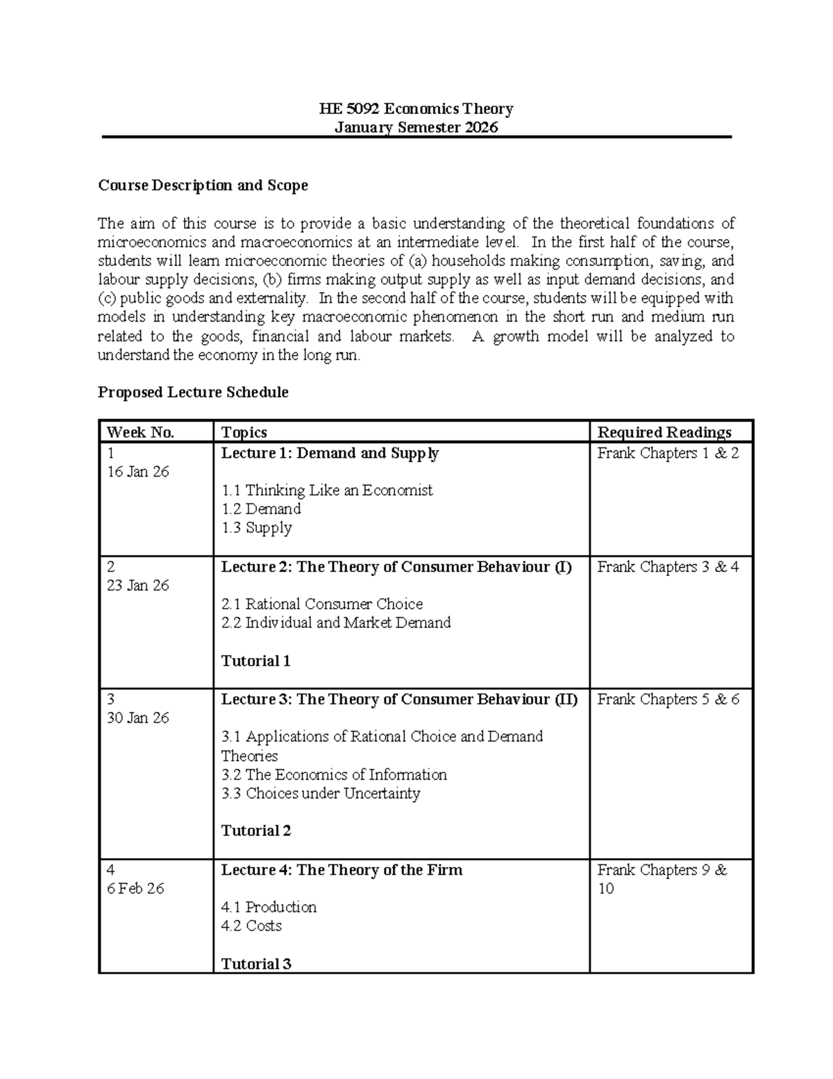HE 5092 Economics Theory Course Outline for Jan Semester 2026 - Studocu