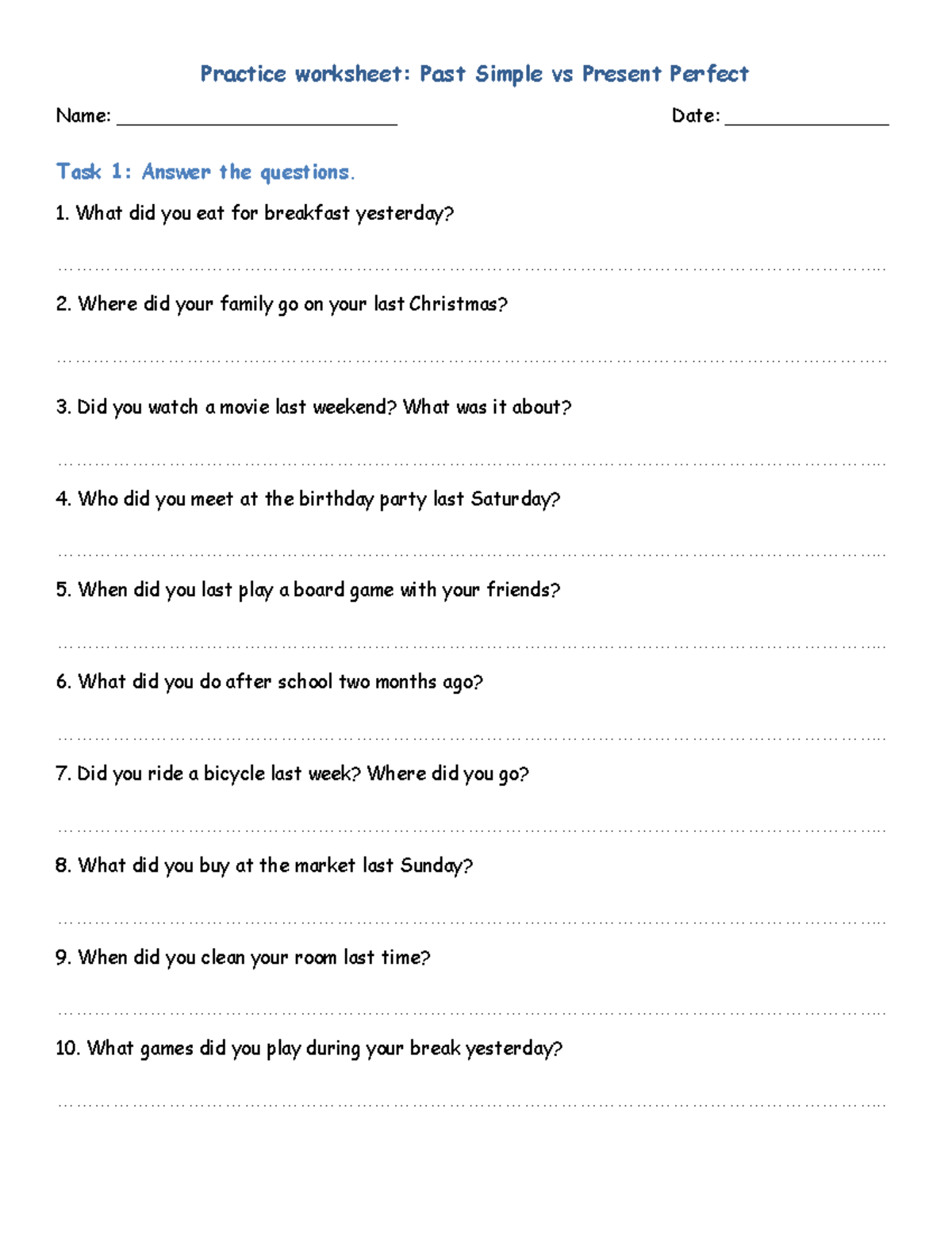 Grammar Homework Worksheet: Past Simple vs Present Perfect (Stage 6 ...