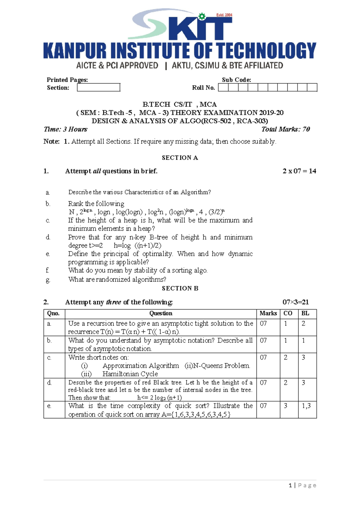 BCS 503 DAA PUT - Design and Analysis of Algorithms Exam Paper - Studocu