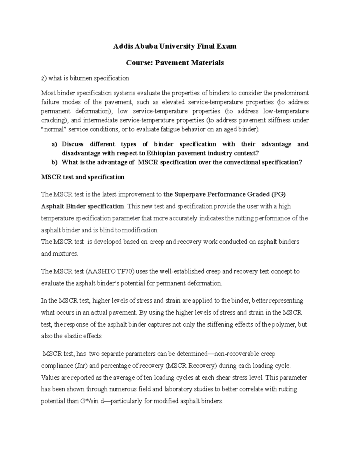 Pavement exam answer - assignment - Addis Ababa University Final Exam ...