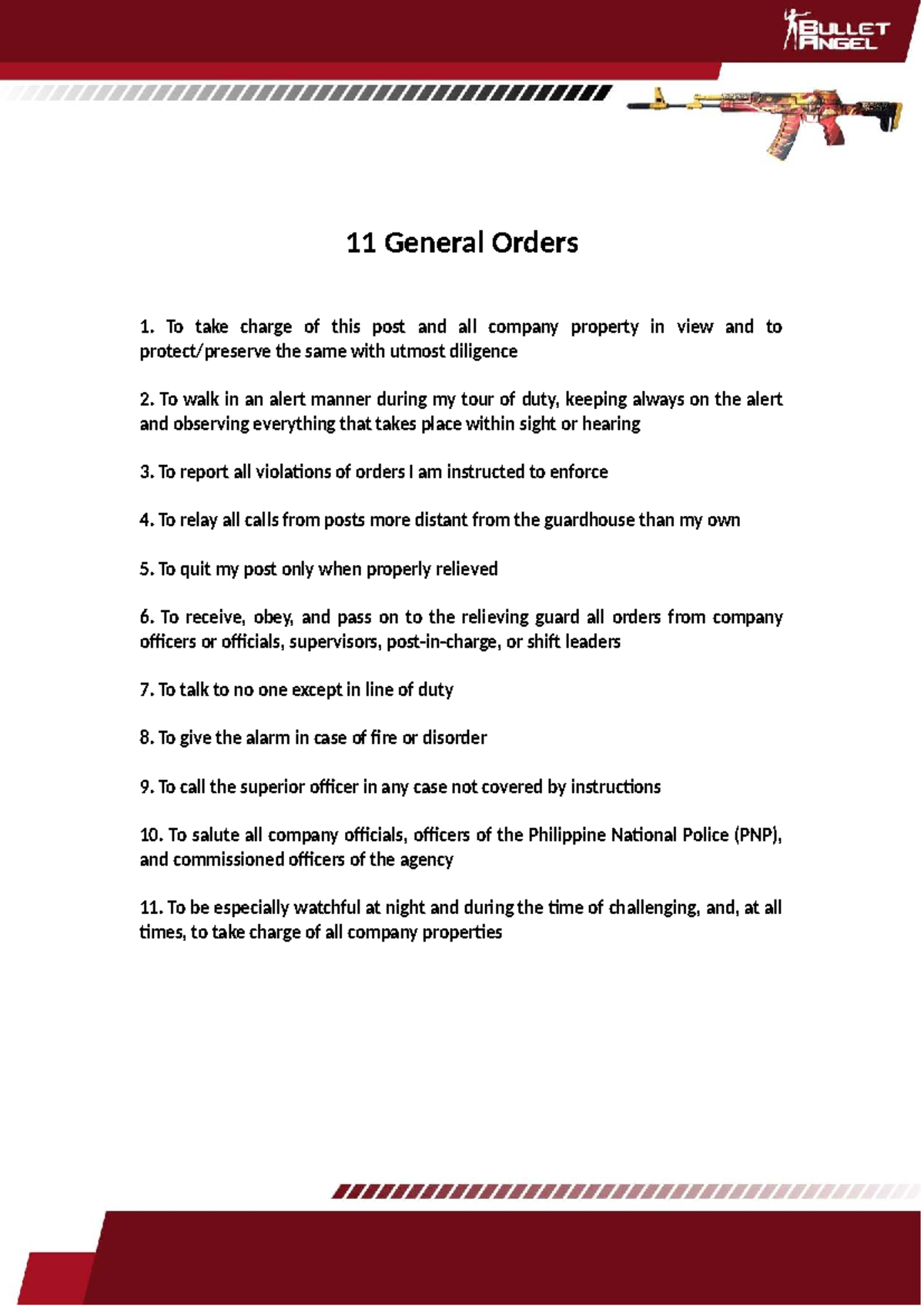 11 General Orders for Security Personnel Duties - Studocu