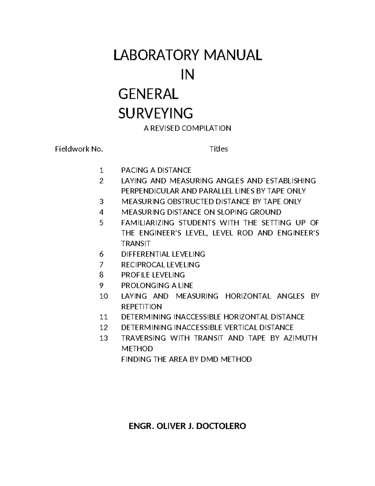 Fundamentals of Surveying: Laboratory Manual for Fieldwork Activities - Studocu