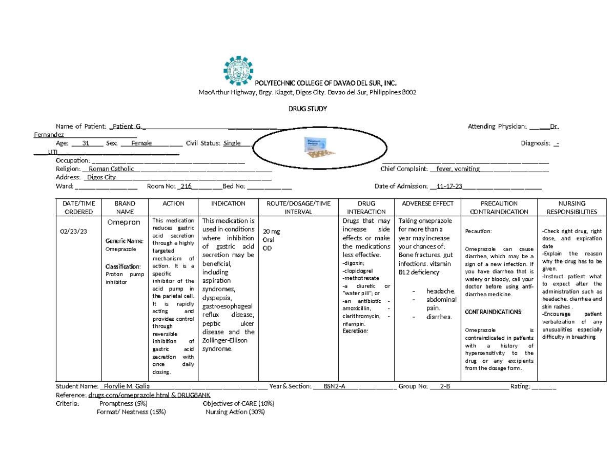 DRUG STUDY: Omeprazole (Omepron) - Patient G. Case Study Notes - Studocu