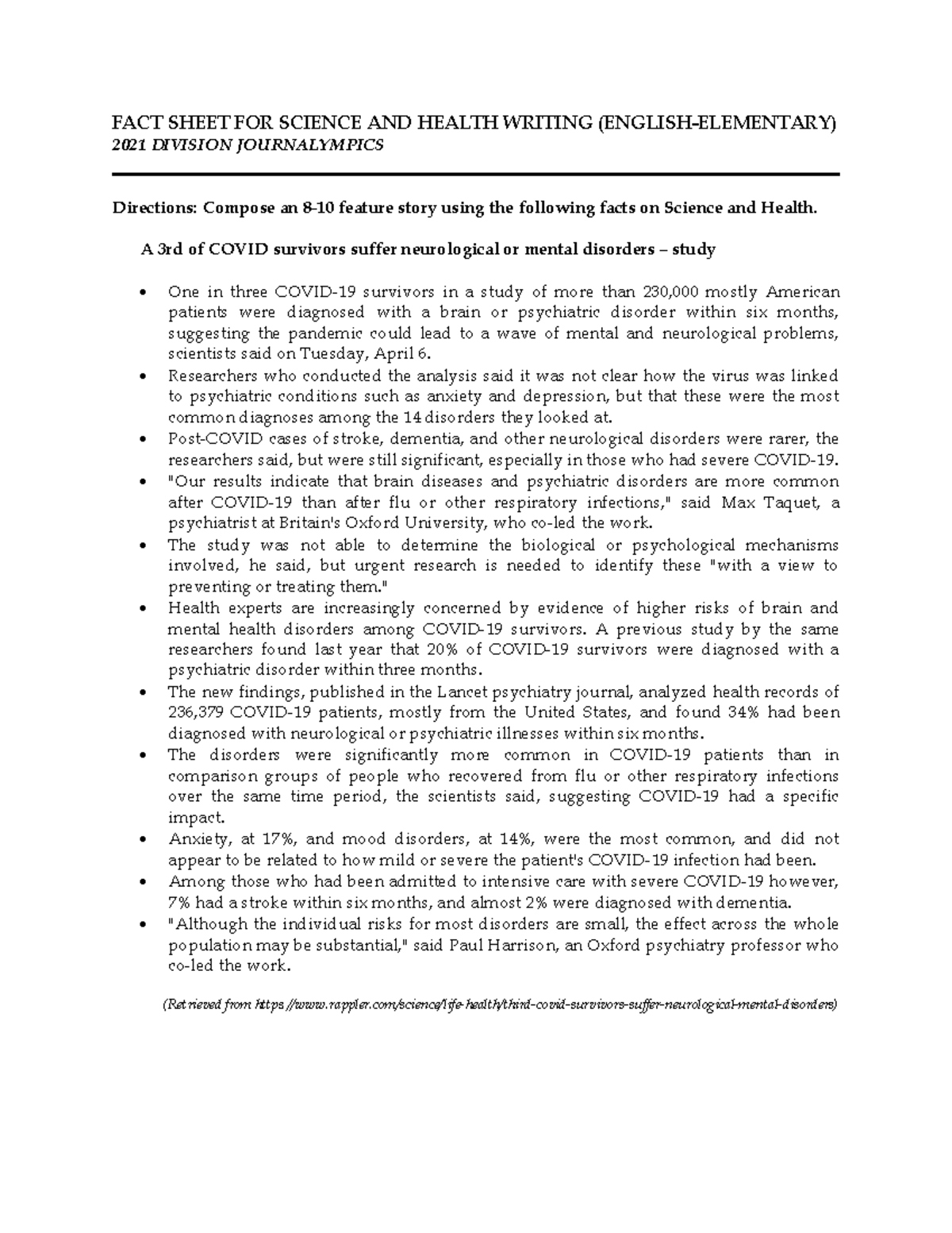 Fact Sheet: COVID-19 & Neurological Disorders Impact - SCI-HEA 101 ...