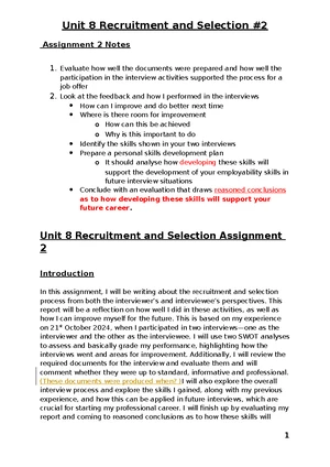 Unit 8 Recruitment and Selection Assignment 2: Performance Reflection and Improvement - Studocu