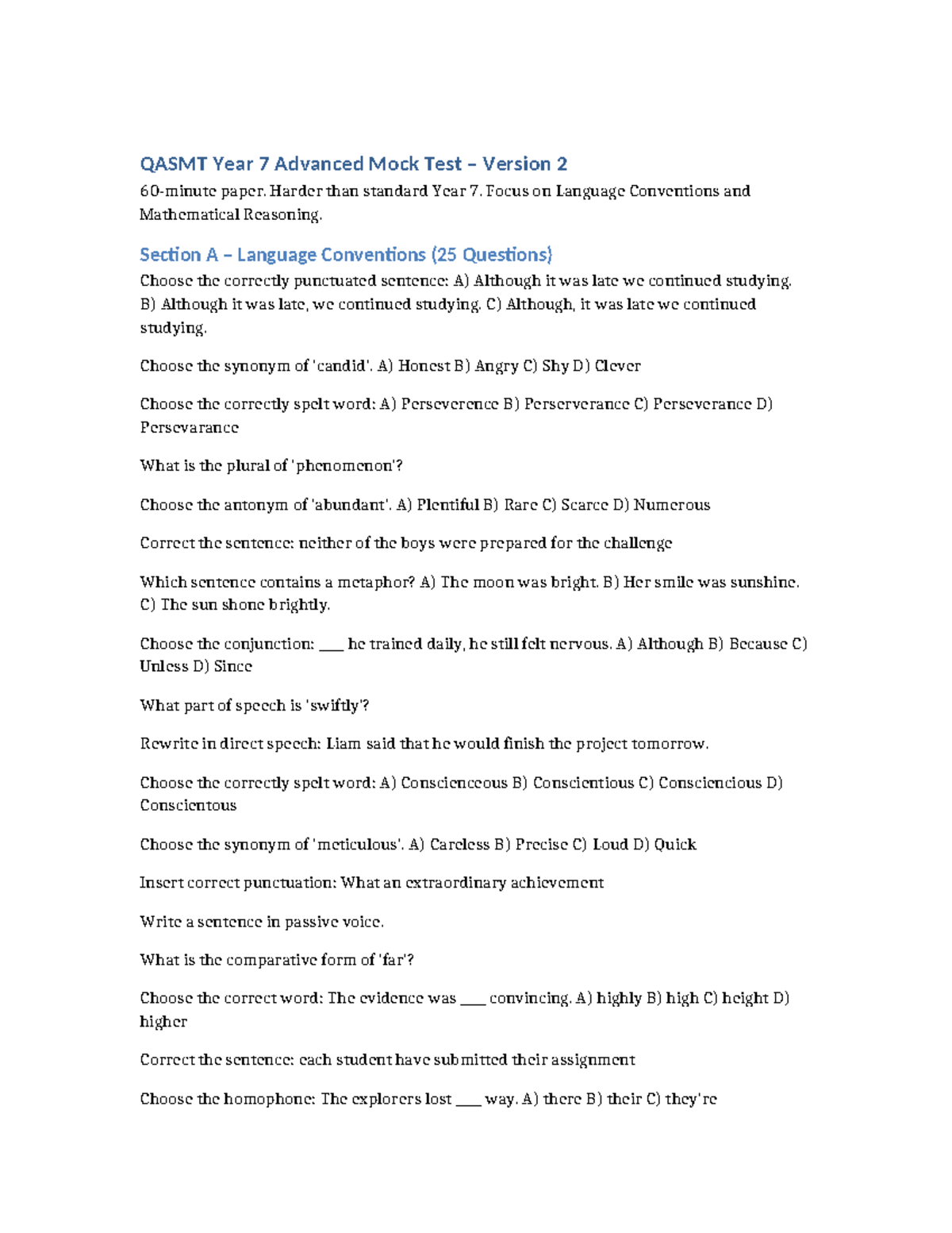 QASMT Year 7 Advanced Mock Test 2: Language & Math Focus - Studocu