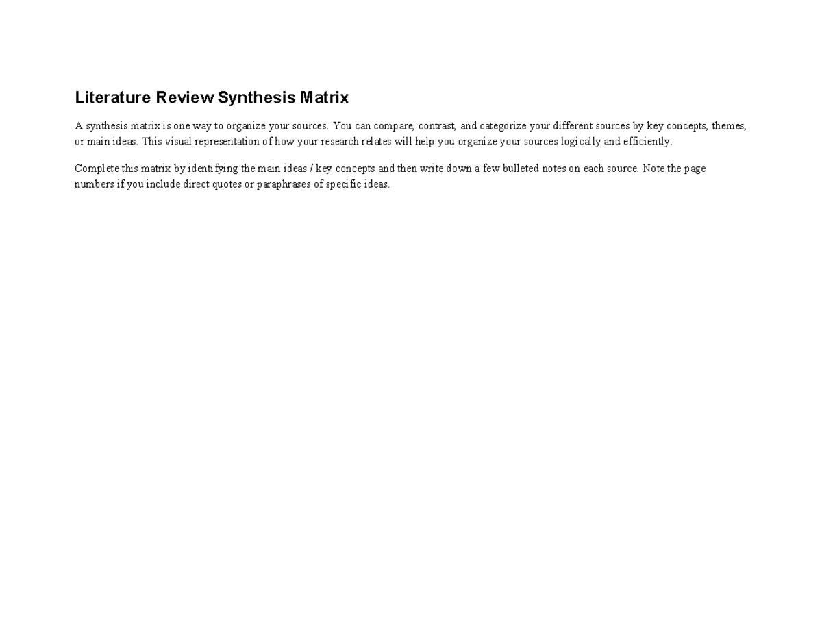 Literature Review Synthesis Matrix for Research Sources - Studocu
