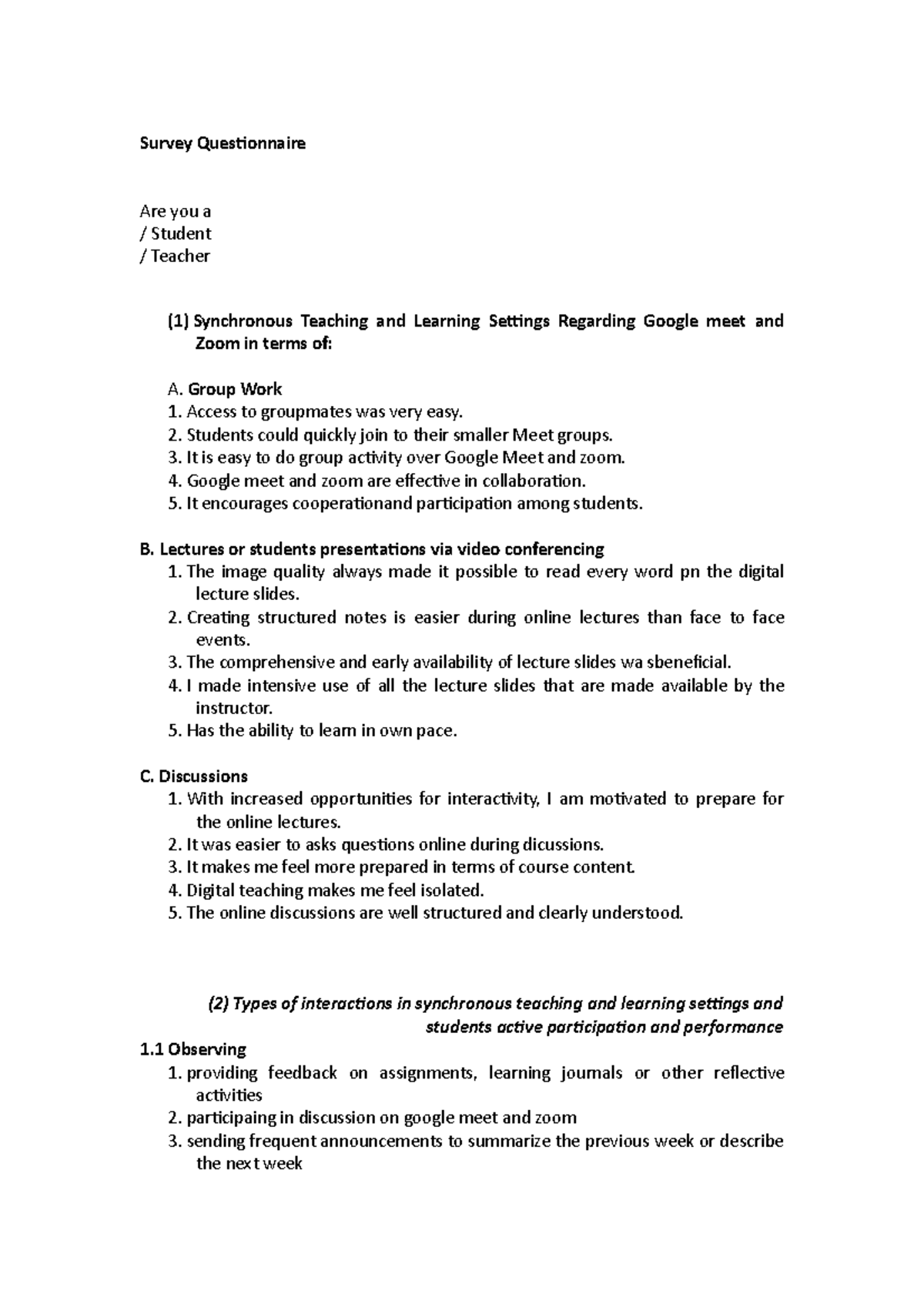 Survey Questionnaire on Synchronous Learning via Google Meet & Zoom ...