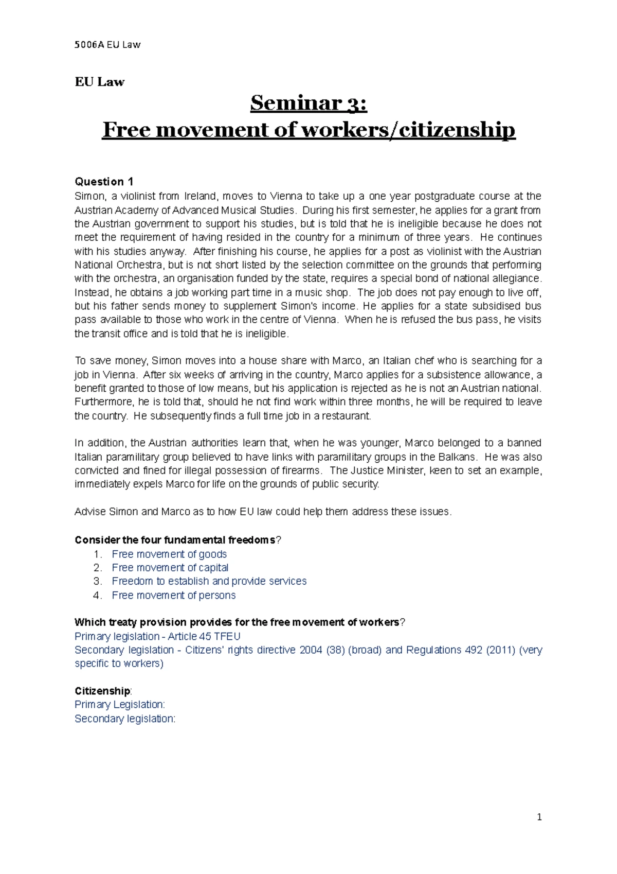 EU Law: Free Movement of People - Key Articles and Case Analysis - Studocu