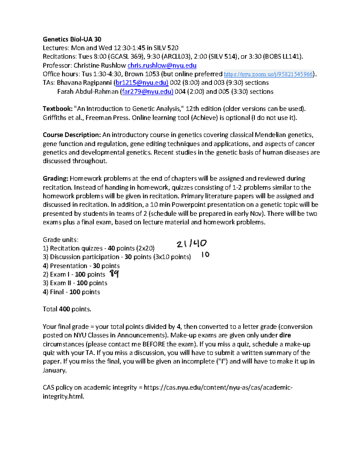 Genetics 30 Syllabus: Course Details, Grading, and Exams - Studocu