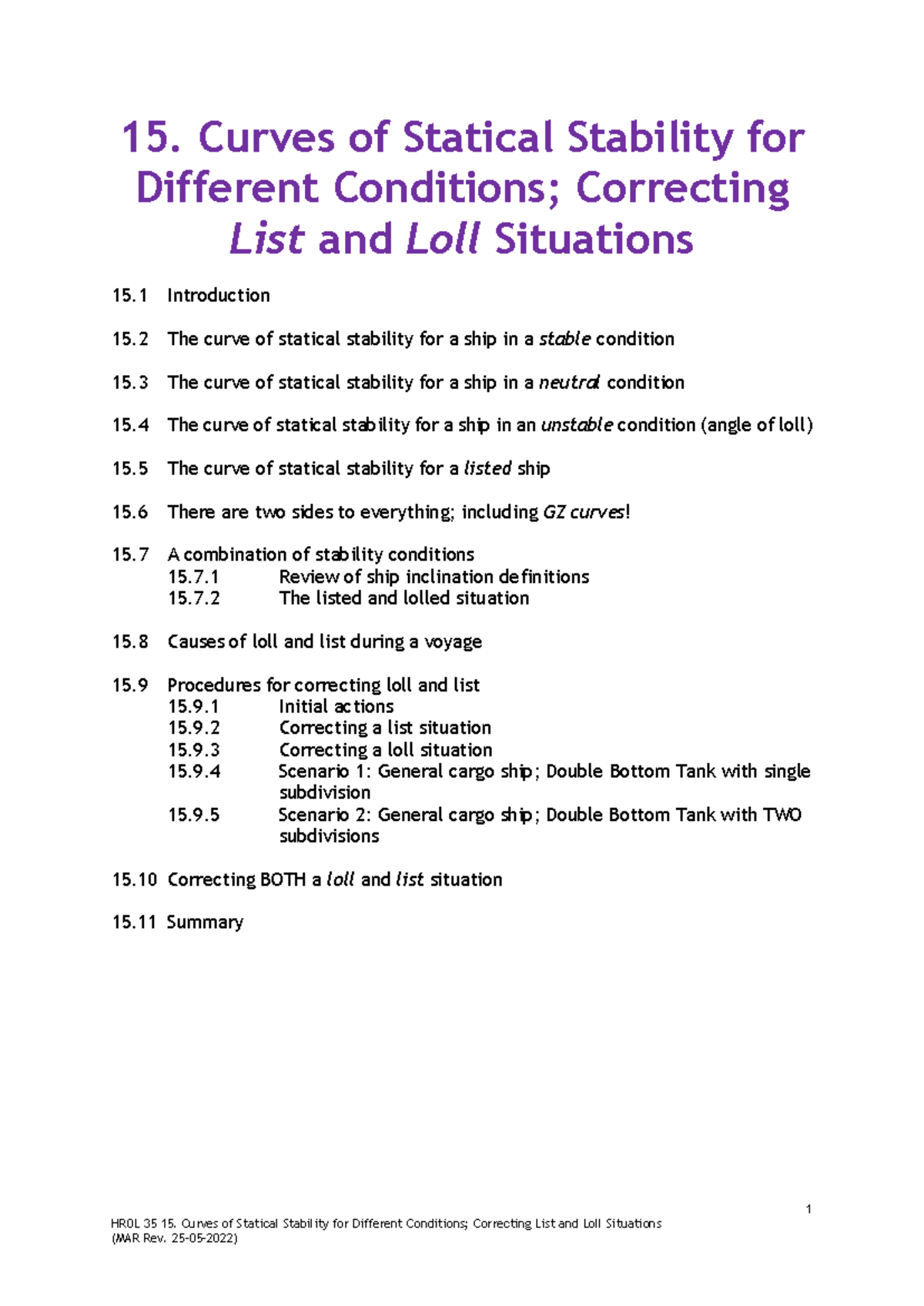 HR0L 35: Statical Stability Curves & Management of List/Loll Conditions ...