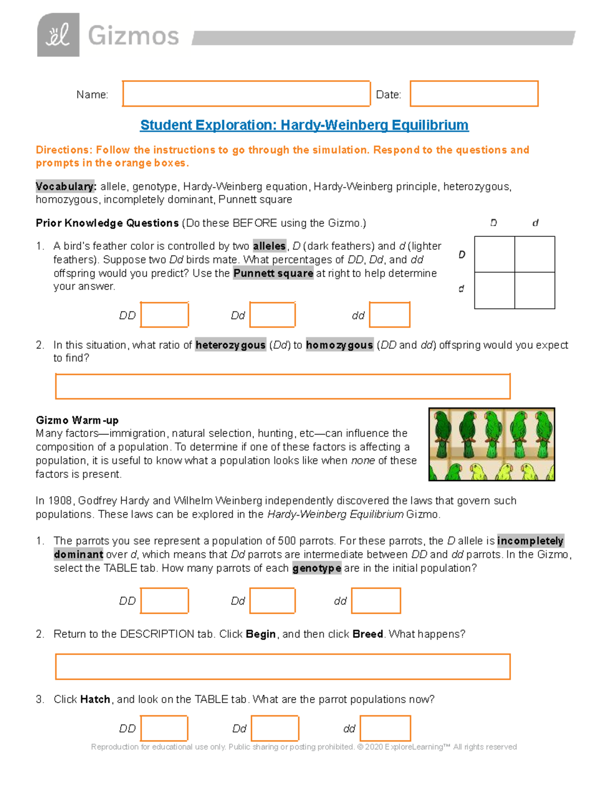 Hardy-Weinberg Equilibrium Exploration: Student Gizmo Activity Guide ...