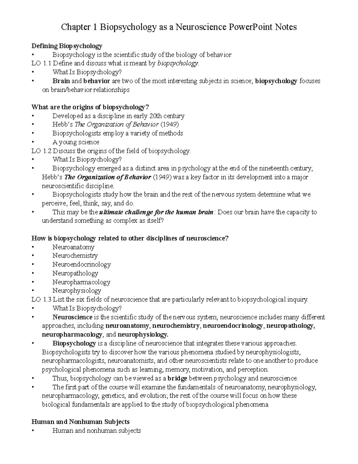 Biopsychology Chapter 1 Key Concepts and PowerPoint Notes - Studocu
