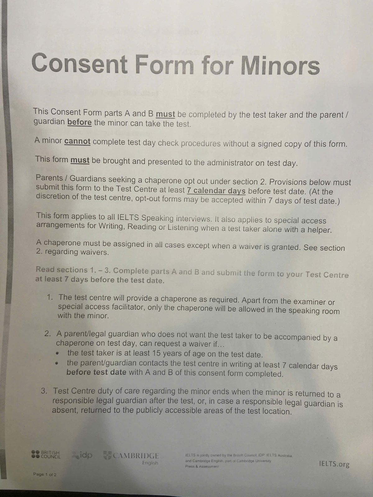 Consent Form for Minors - IELTS Speaking Test Requirements - Studocu