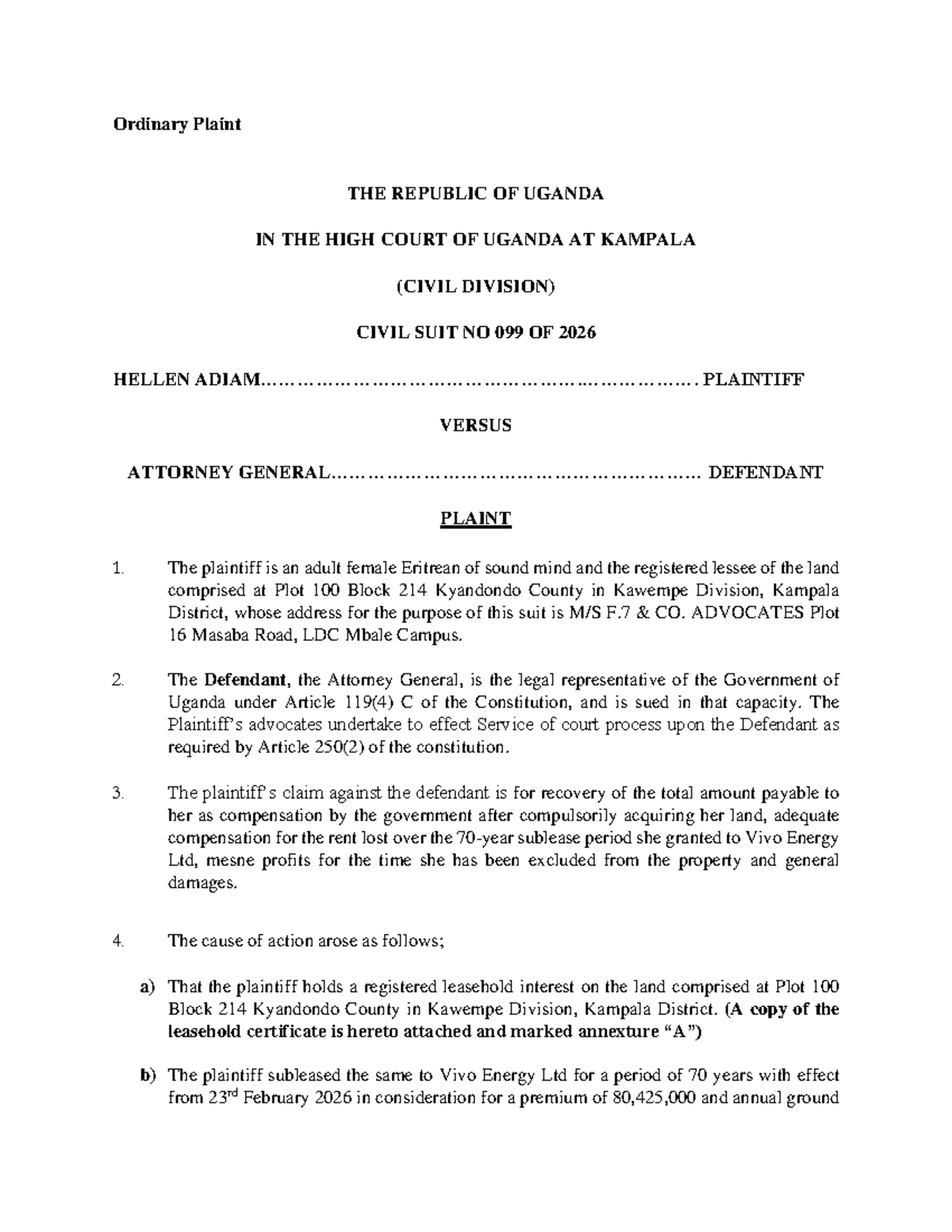 Compensatory Plaint in Civil Suit No. 099 of 2026 - Uganda - Studocu