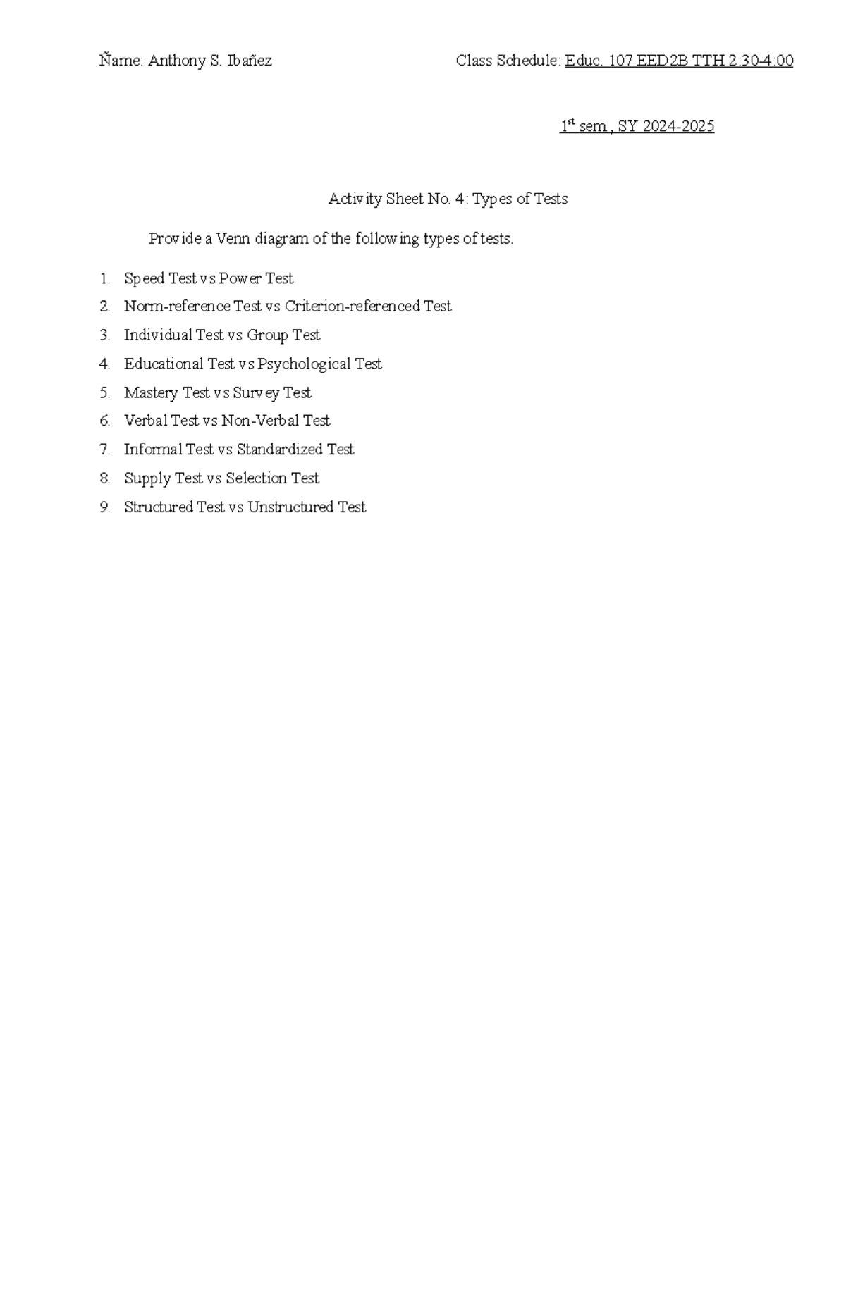 Educ. 107 EED2B: Activity Sheets 4-7 on Types of Tests & Assessment ...