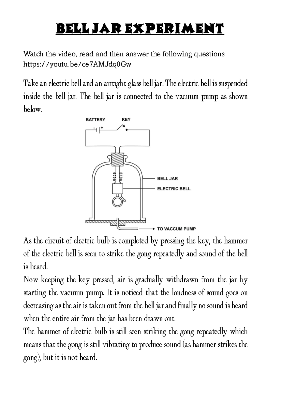 BELL JAR EXPERIMENT: Sound and Vacuum Effects (Course 99249) - Studocu