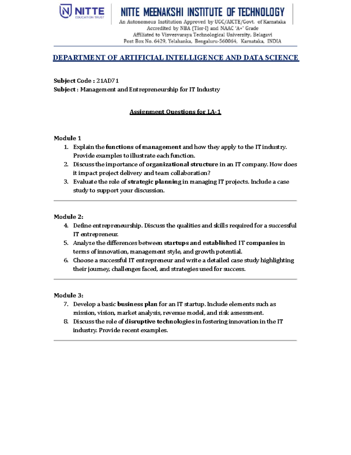 Assignment Questions for 21AD71: Management & Entrepreneurship in IT ...