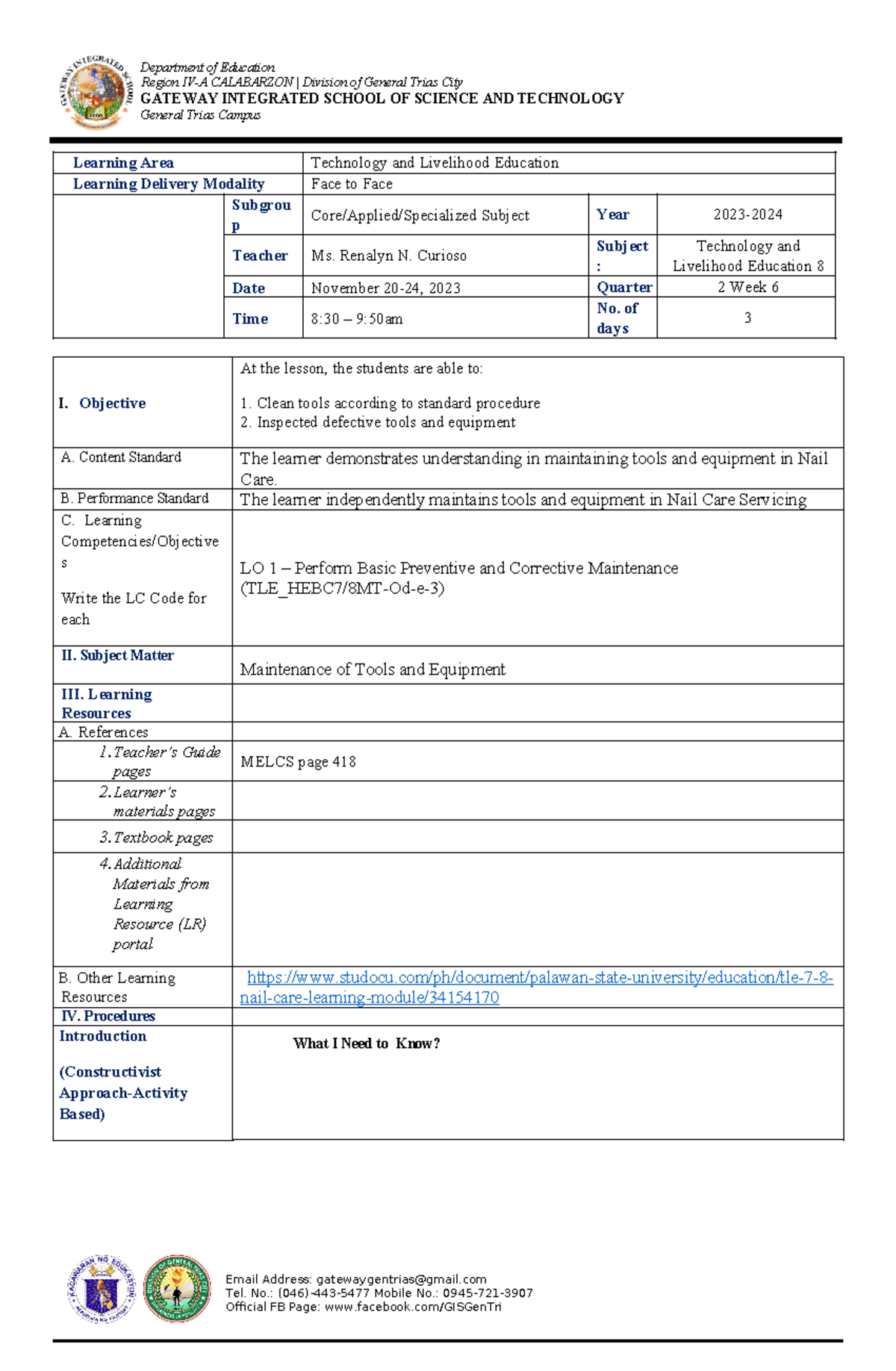 TLE 8 Q2 Week 3-4 Lesson Notes on Tool Maintenance and Care - Studocu