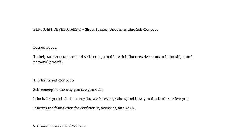 PERSONAL DEVELOPMENT Lesson: Understanding Self-Perception and Growth ...
