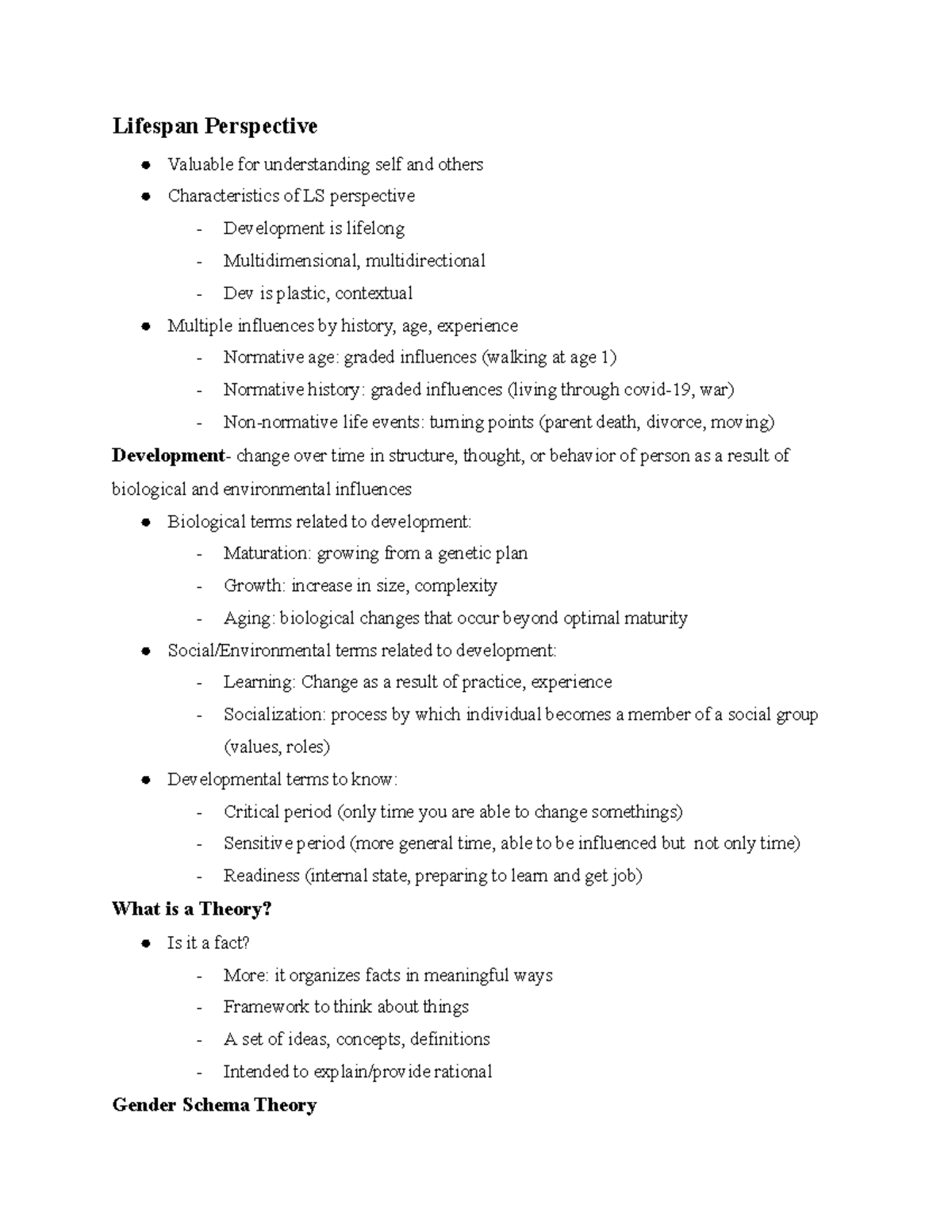 Issues and Theories - Quiz one lecture notes - Lifespan Perspective ...