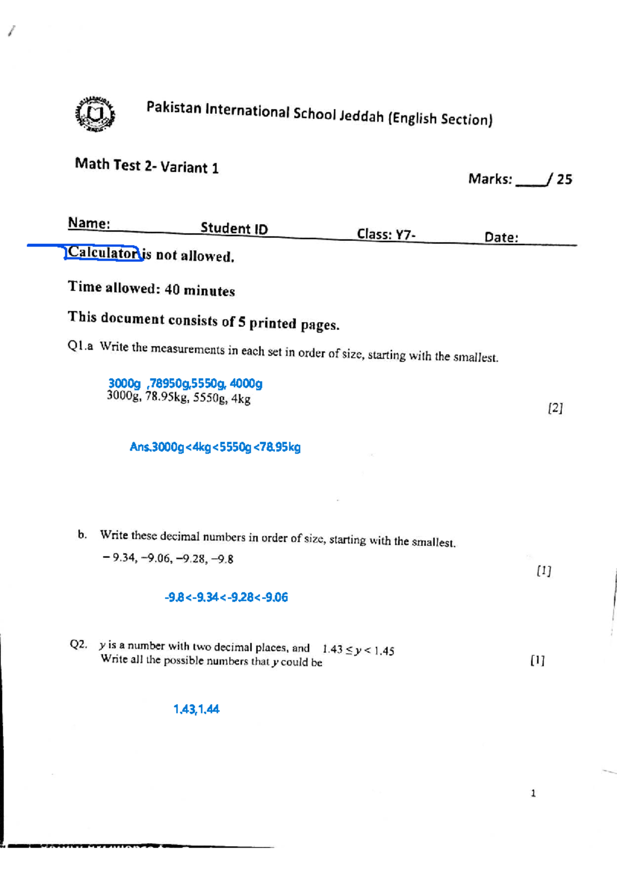 Y7 maths test2 2023-2024 - BS in Environmental Resources Management ...