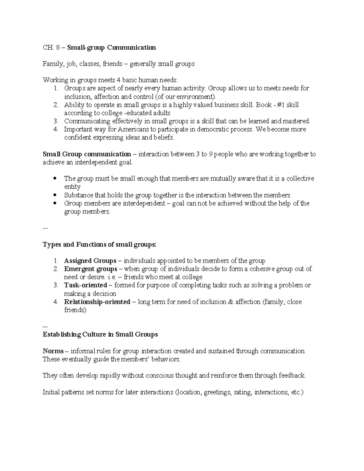 CH. 8 Small Group Communication: Insights on Roles & Leadership - Studocu