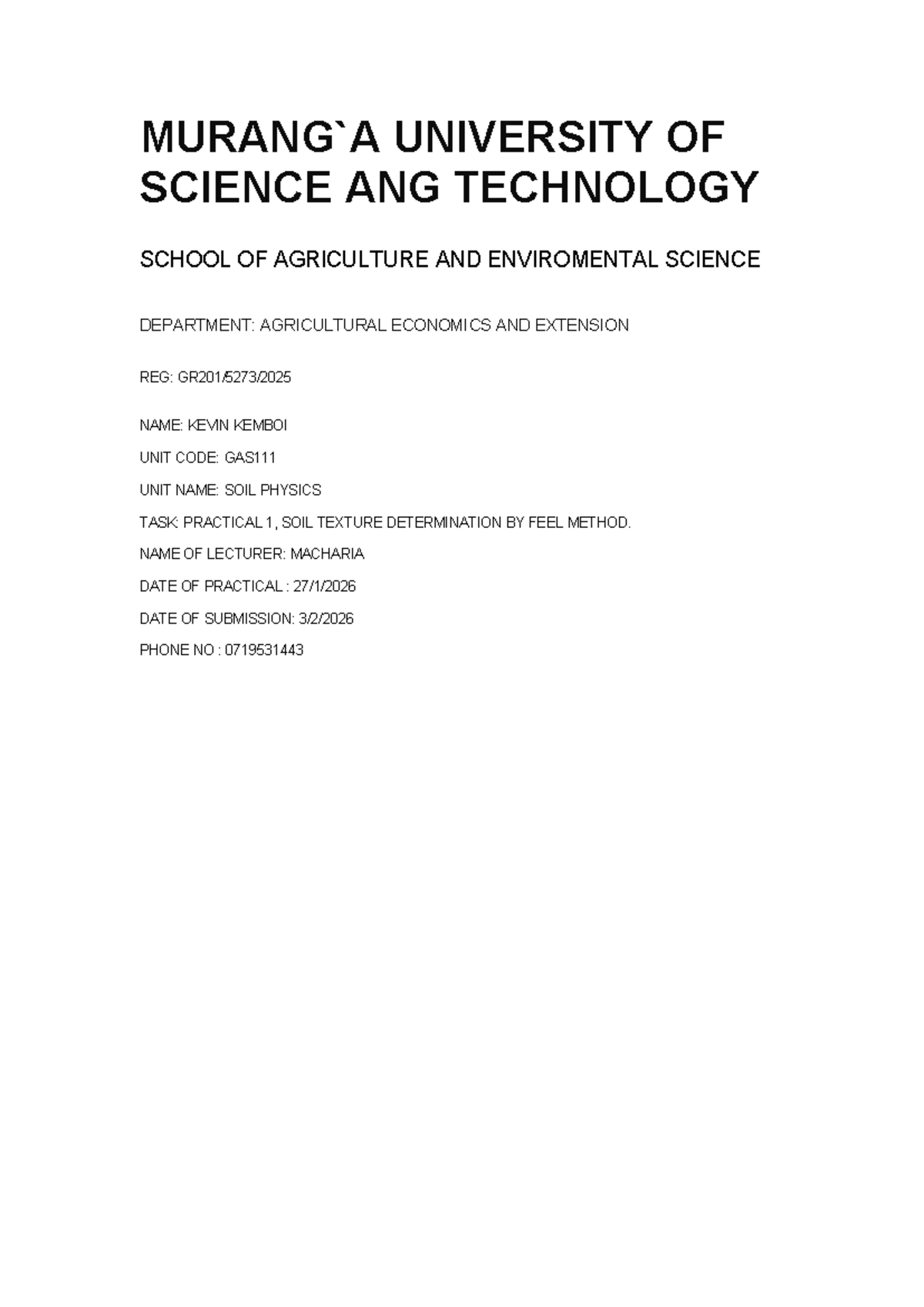 AGRI 101: Practical 1 - Soil Texture Determination (Feel Method) - Studocu